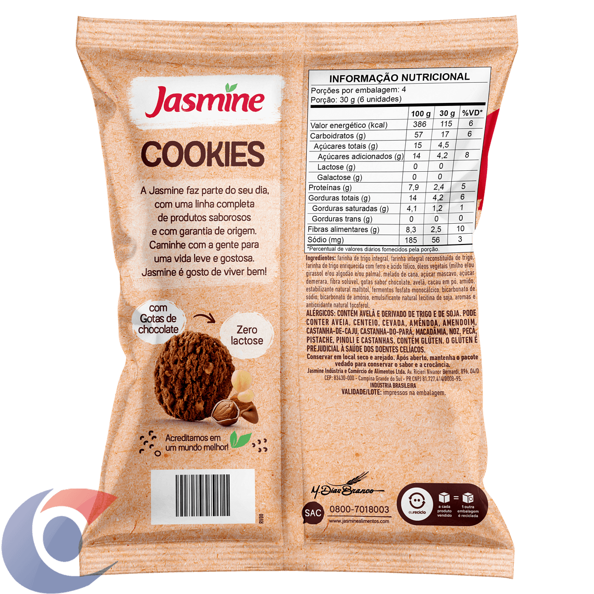 Cookies Integrais Jasmine Avelã Com Gotas 150g